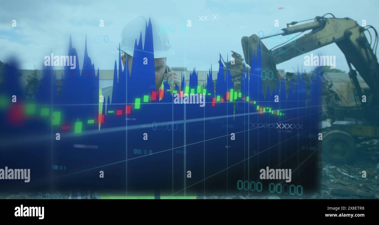 Image of data processing over caucasian male worker at rubbish dump ...