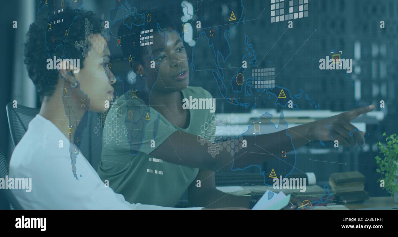 Image of data processing over world map against african american female ...