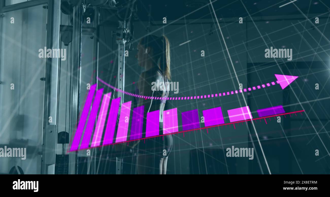 Image of arrow on bar graph over asian woman performing exercise in gym ...