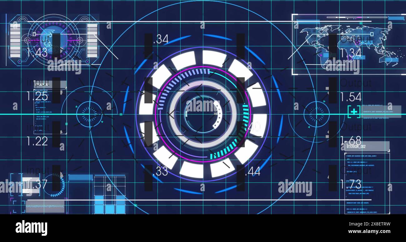 Image of interface with round scanner and data processing against blue background Stock Photo ...