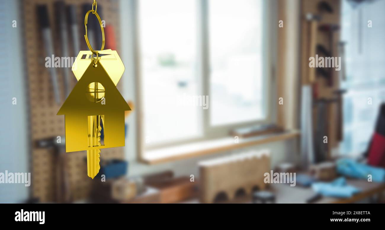 Image of hanging golden house keys against interior of a living room ...