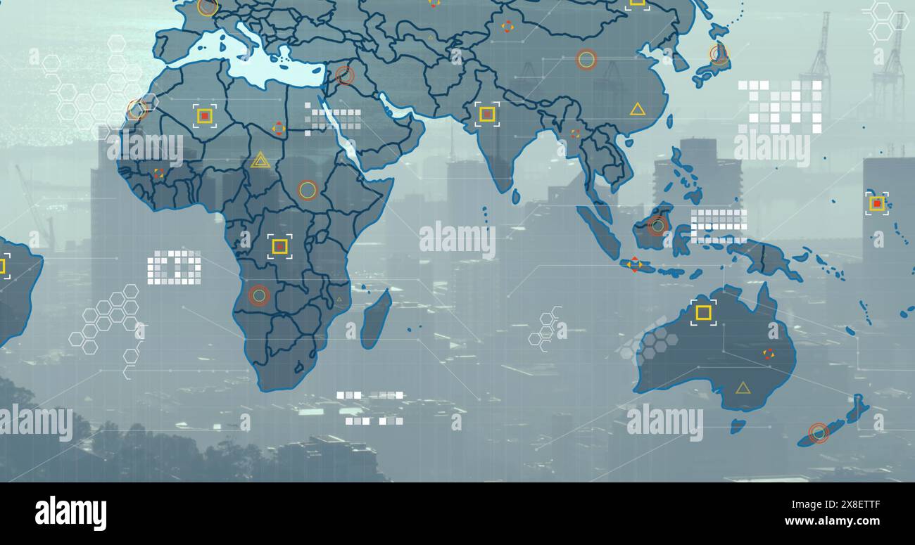 Image of world map and data processing against aerial view of cityscape ...