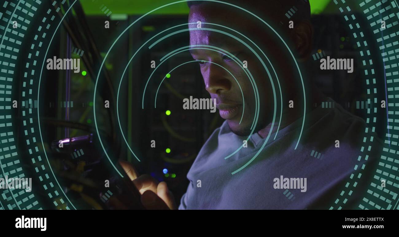 Image of scope scanning over african american male hacker in server room Stock Photo - Alamy