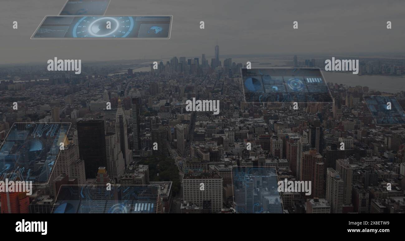 Image of round scanners and data processing against aerial view of ...
