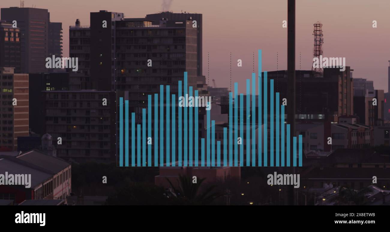 Image of bar graph over aerial view of modern buildings against sky ...