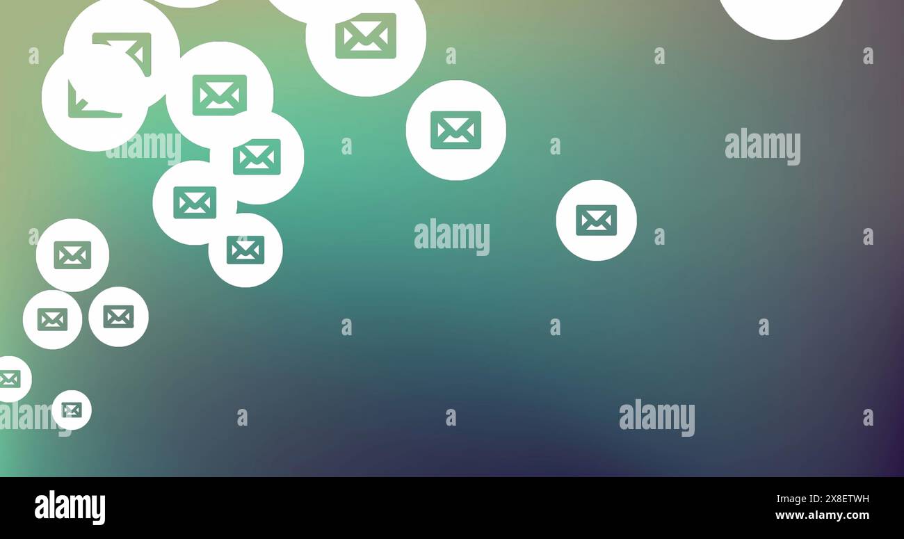 Image of network of connections with email icons over green background ...