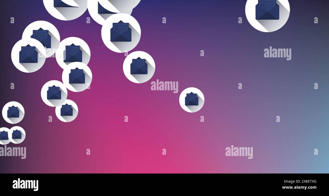 Image of network of connections with email icons over gradient pink to ...