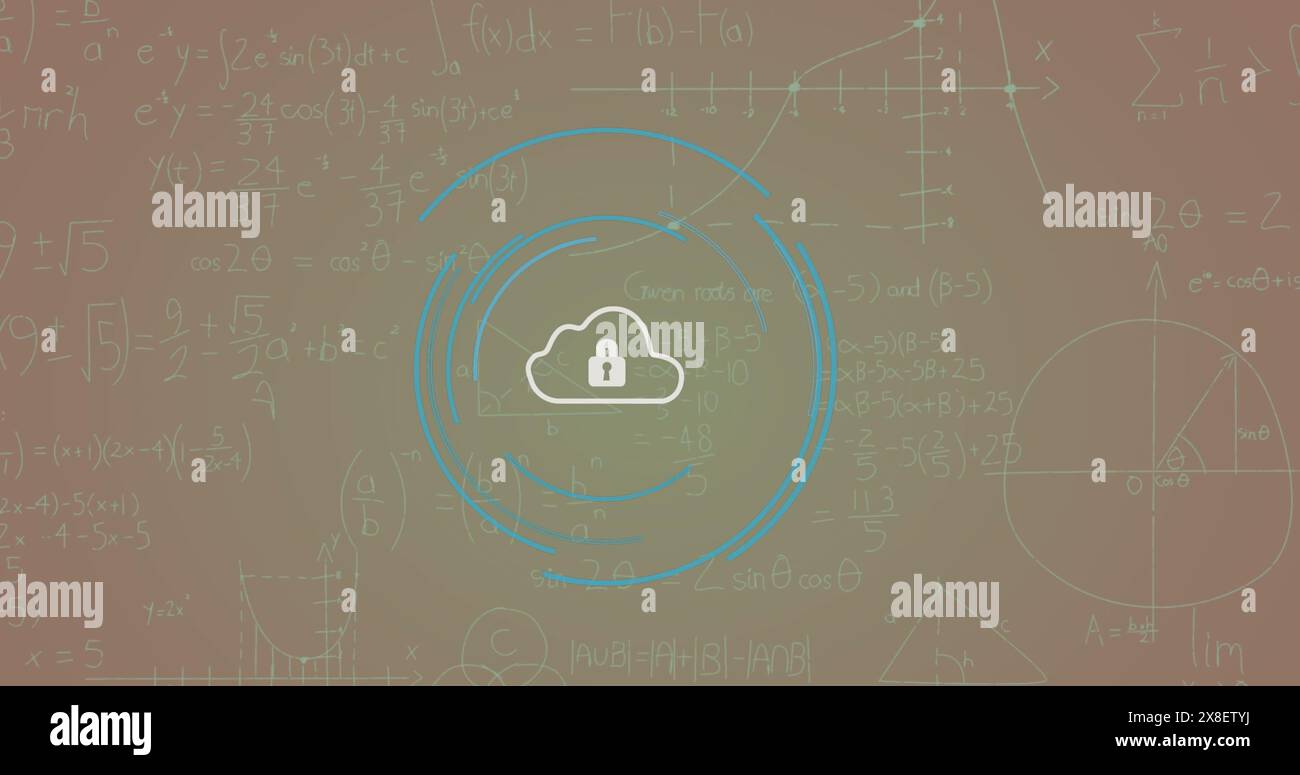 Image of security padlock icon and mathematical equations against ...