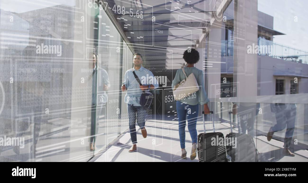 Image of interface with data processing against biracial man running in ...