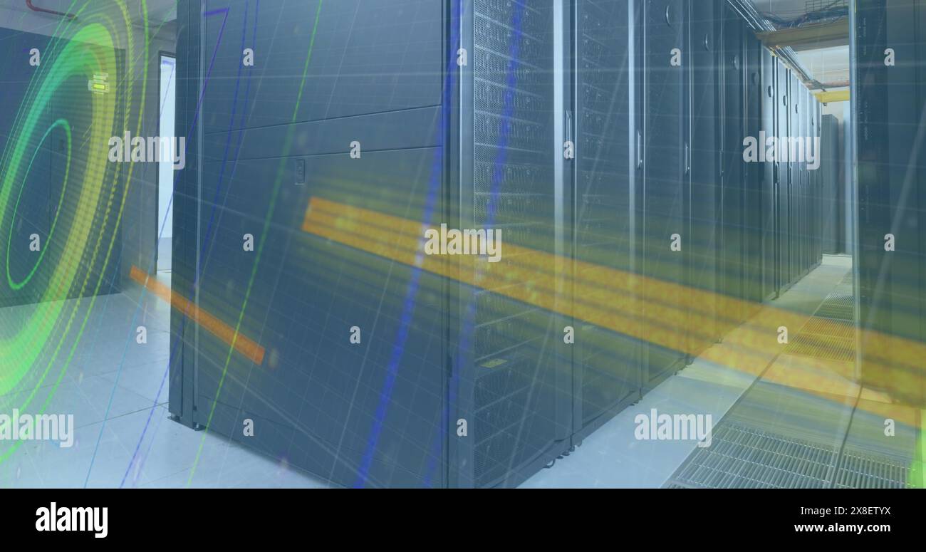 Image of data processing and scope scanning over server room Stock Photo - Alamy