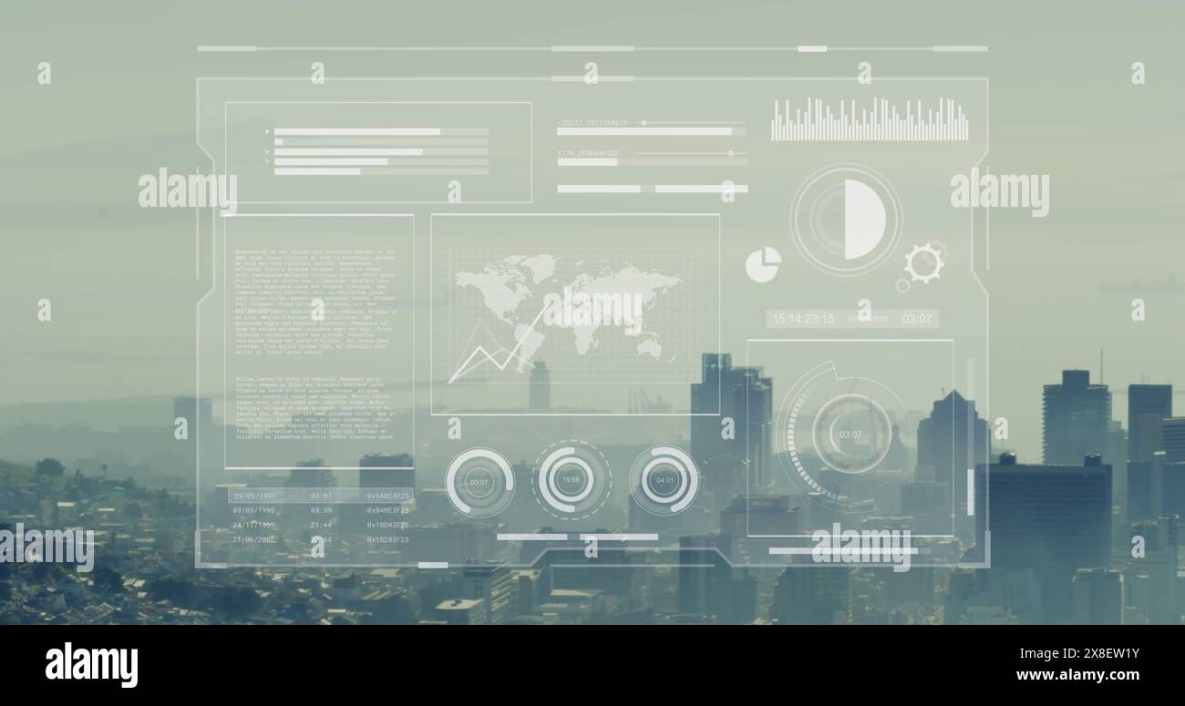 Image of graphs, loading bars and circles with map over aerial view of ...