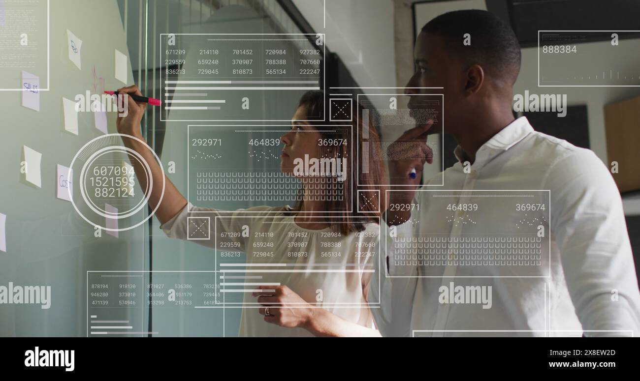 Image of graphs, loading bars and circles, diverse coworkers discussing ...