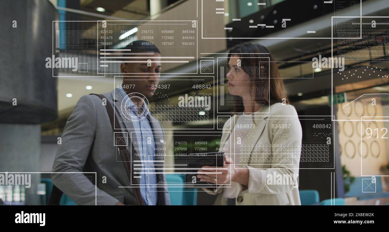 Image of graphs, loading bars, circles, diverse coworkers discussing ...