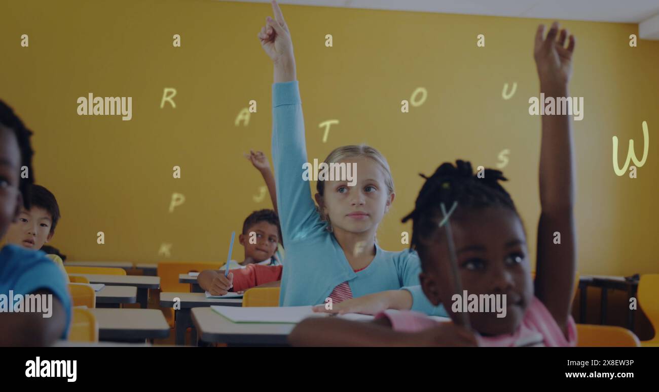 Diverse students in classroom, raising hands, eager to answer Stock ...