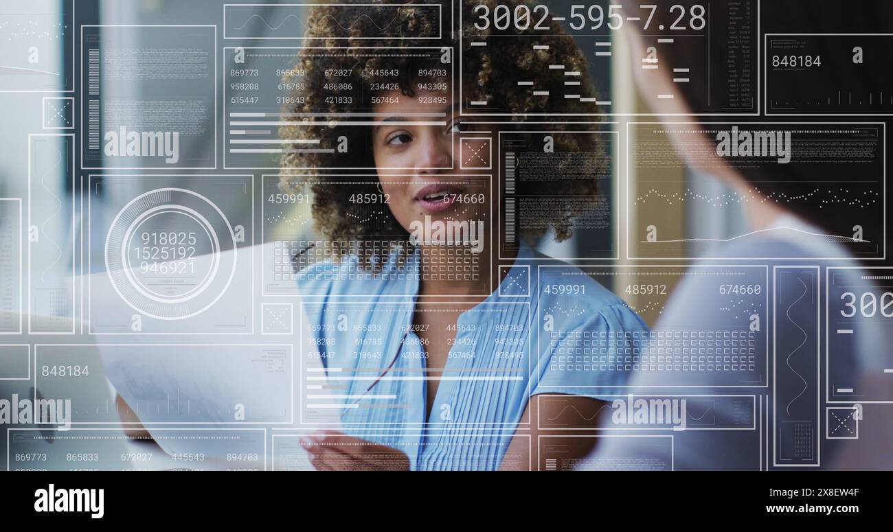 Image of graphs, loading circles and bars, diverse female coworkers ...