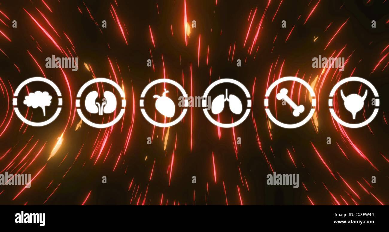 Five circular symbols with different fruits glow amid red light streaks ...