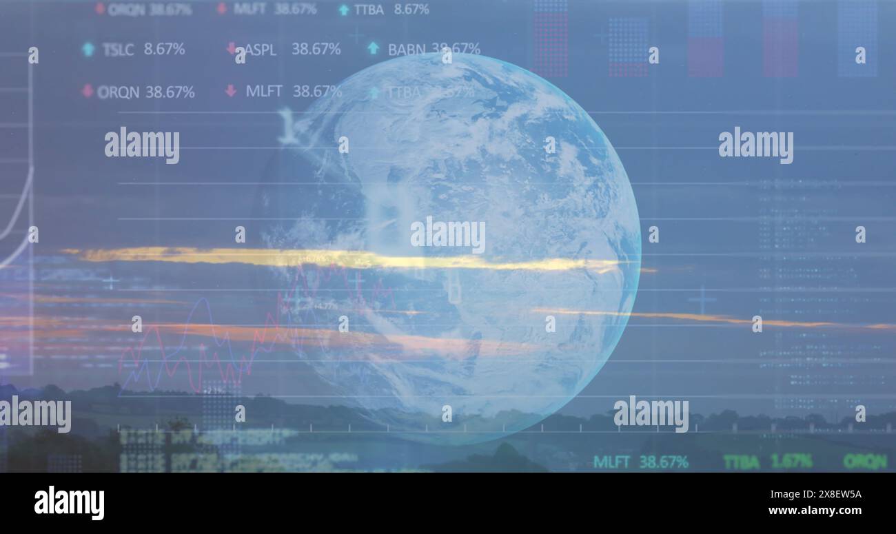 Transparent globe overlaying financial data displays, showing stock ...