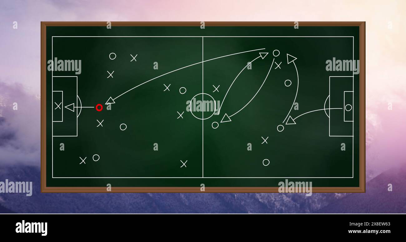 Coach explaining soccer tactics on black background, players listening ...