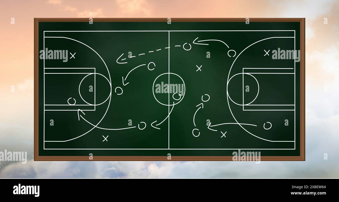 Diagrams on black background are showing basketball strategy Stock ...