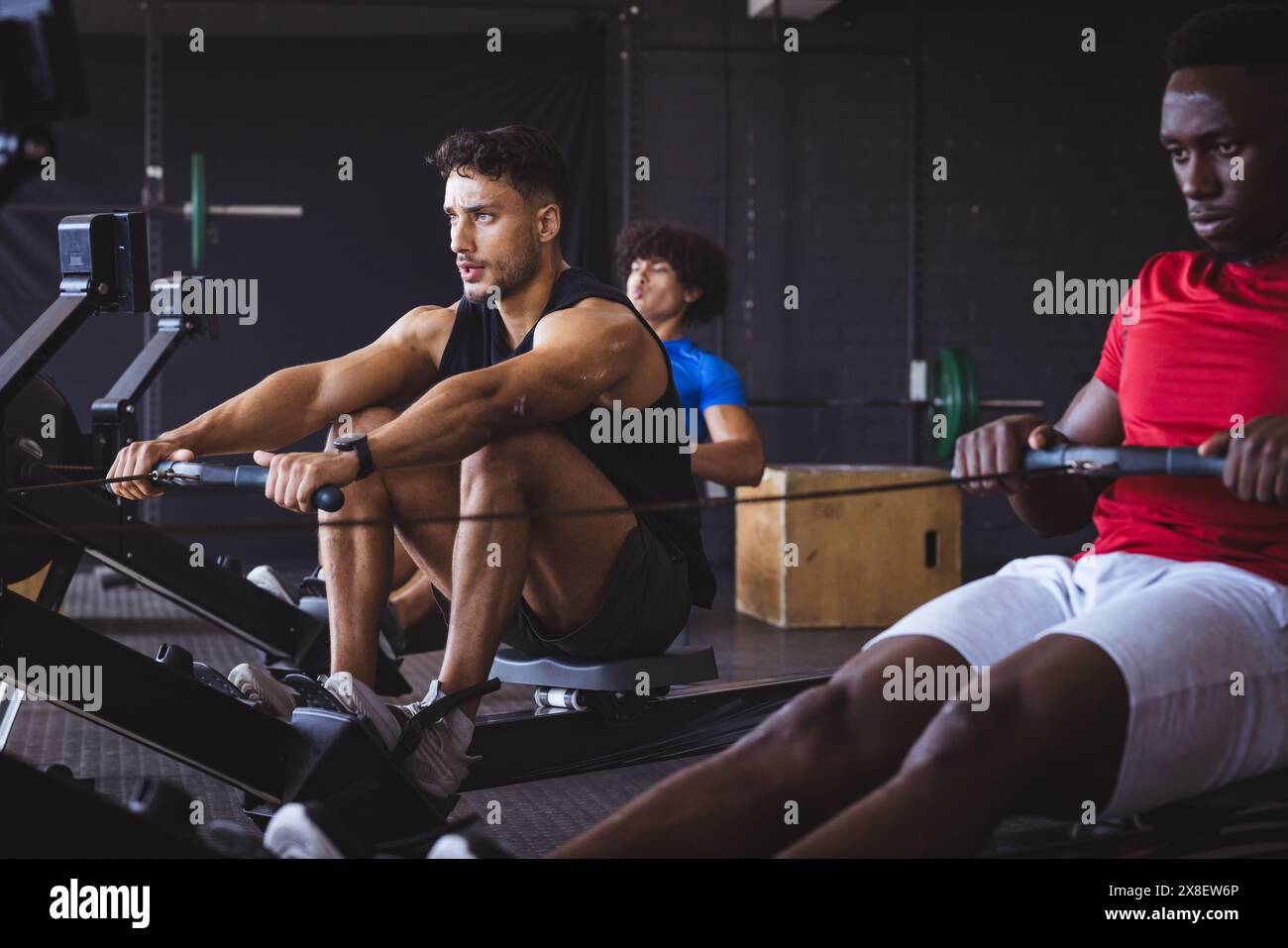 At gym, three young diverse men working out on rowing machines. They ...