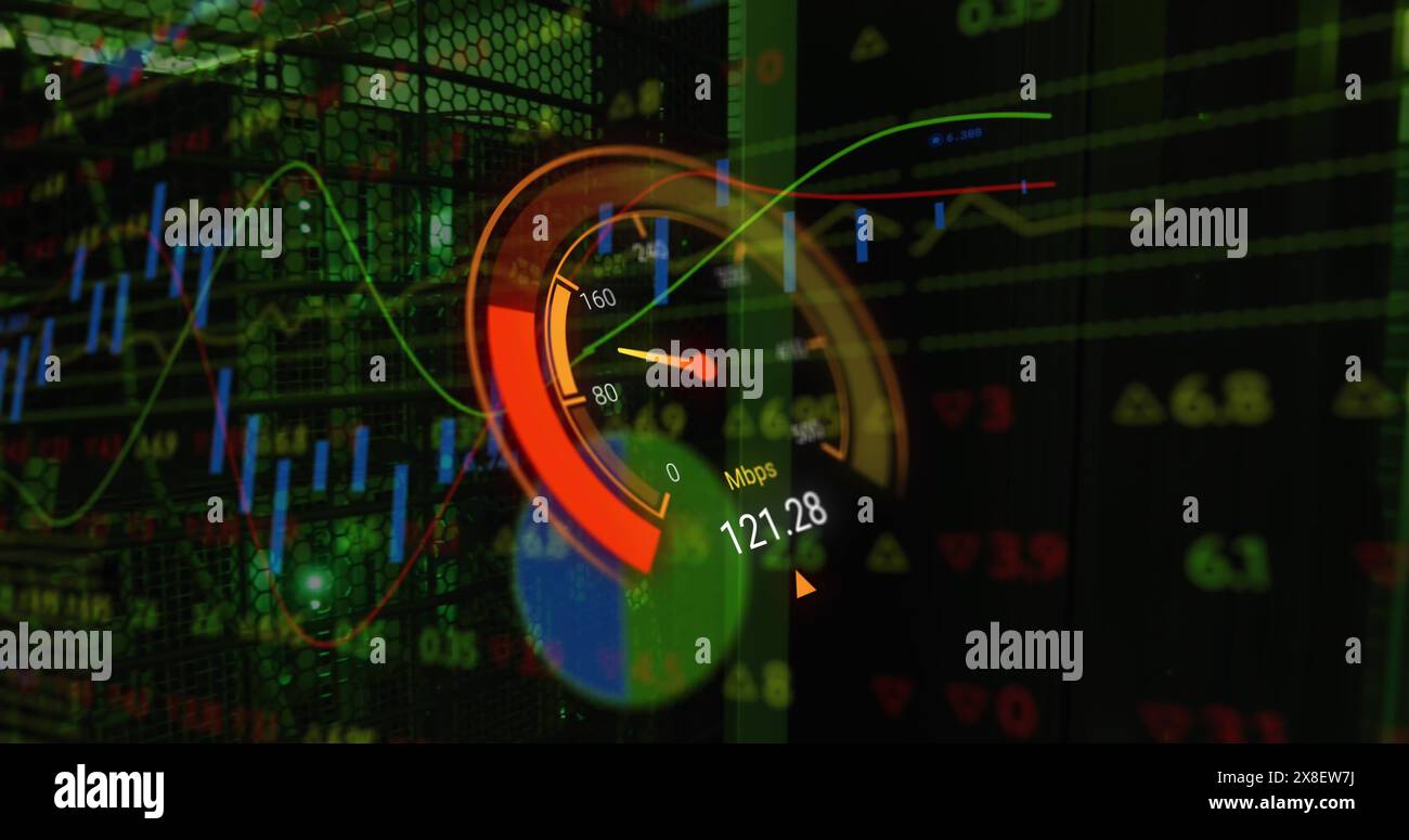 Image of data processing and server room over speedometer Stock Photo - Alamy