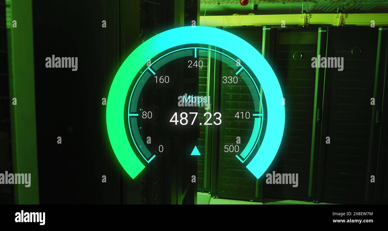Image of data processing and server room over speedometer Stock Photo - Alamy