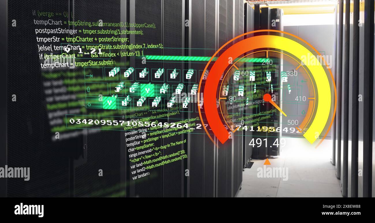 Image of data processing and server room over speedometer Stock Photo - Alamy