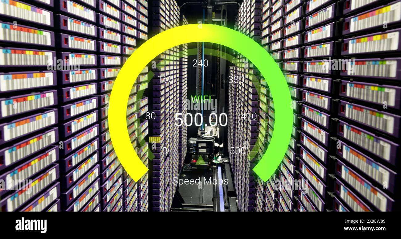 Image of data processing and server room over speedometer Stock Photo - Alamy