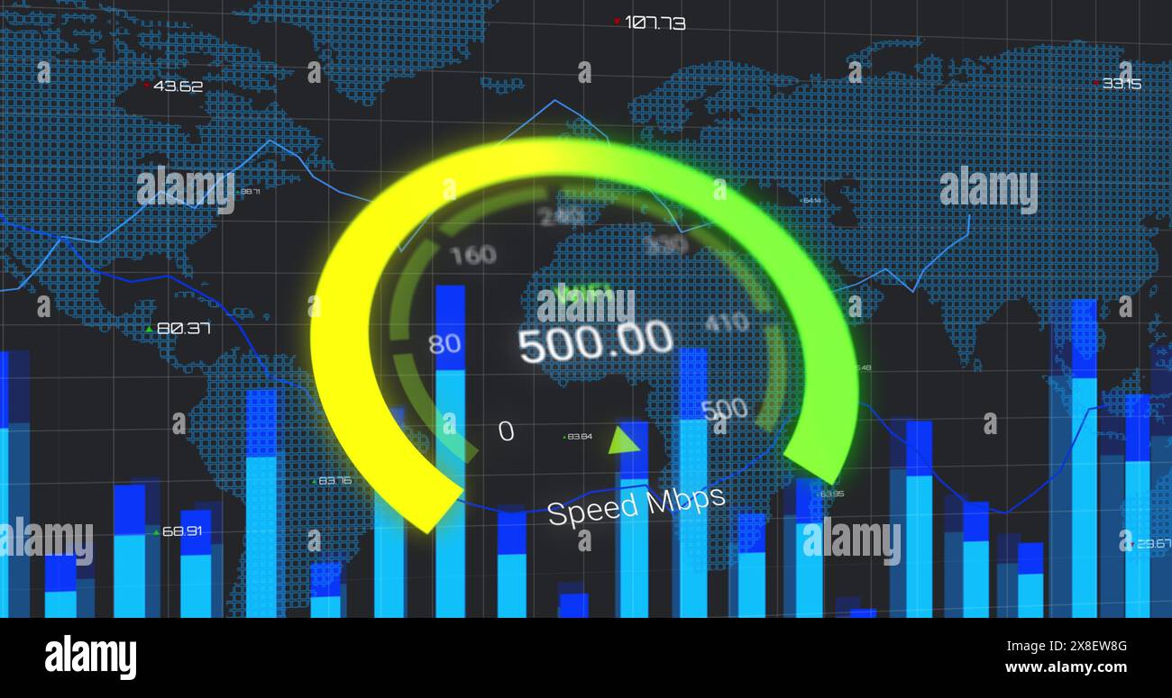 Image of data processing and world map over speedometer Stock Photo - Alamy