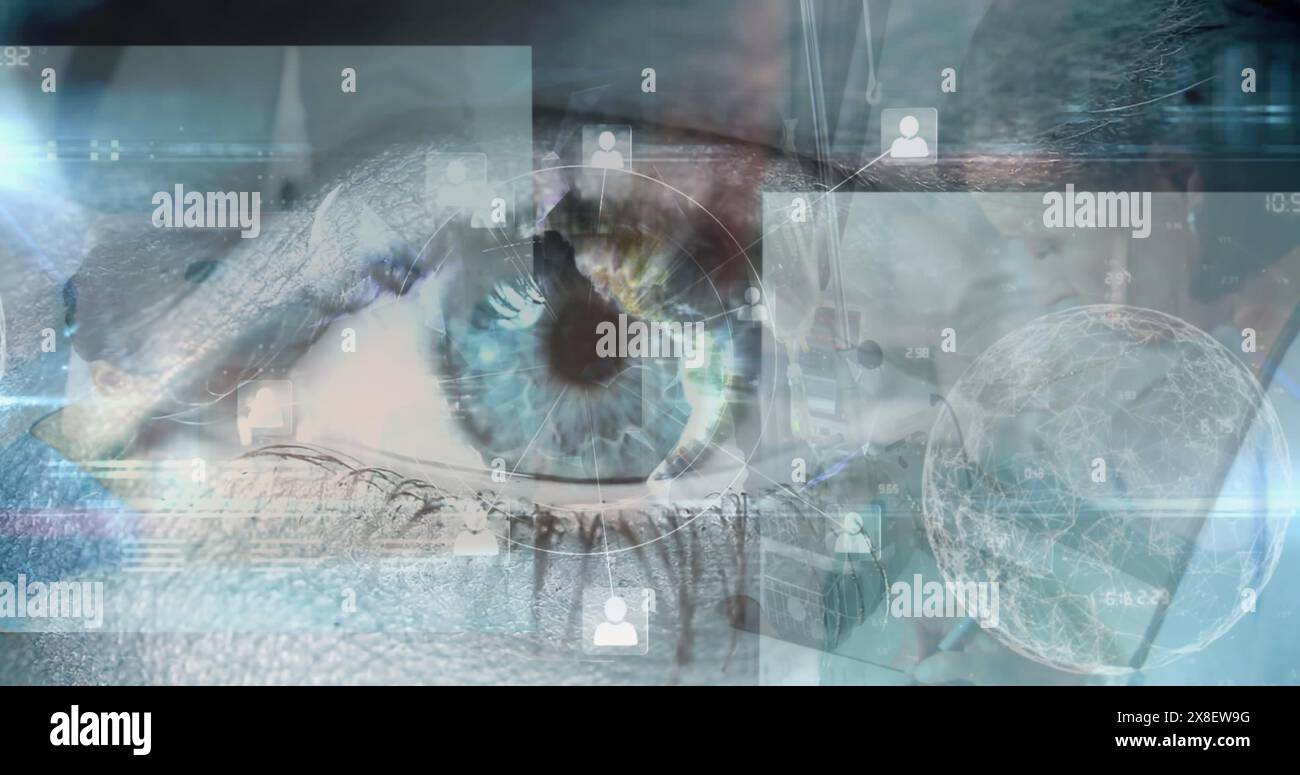 Image of eye and data processing with globe over diverse doctors Stock ...