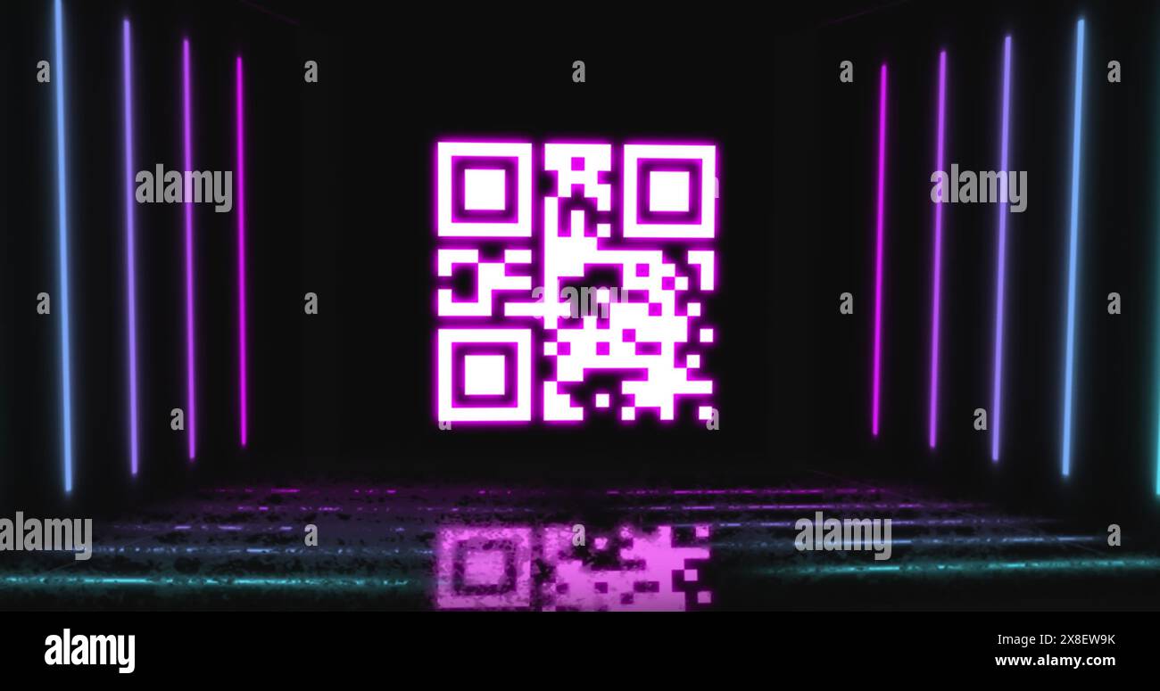 This image shows a pink qr code flickering with pink and blue neon ...