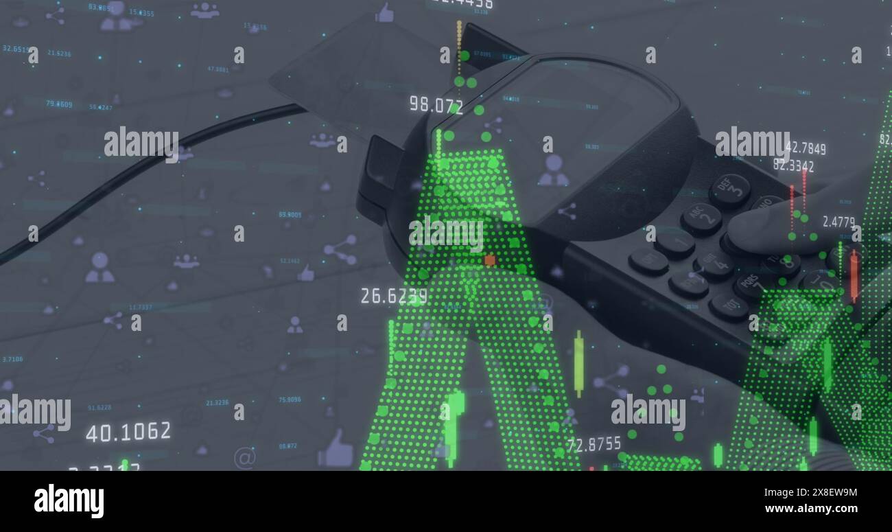 Image of connections with tech icons over diverse financial data and payment terminal Stock ...