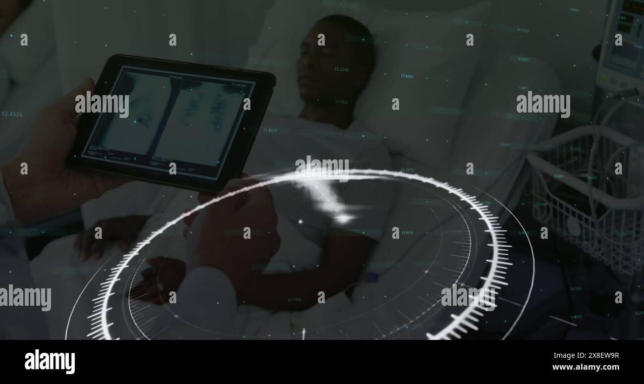 Image of scope scanning with data processing and globe over diverse doctor and patient Stock ...