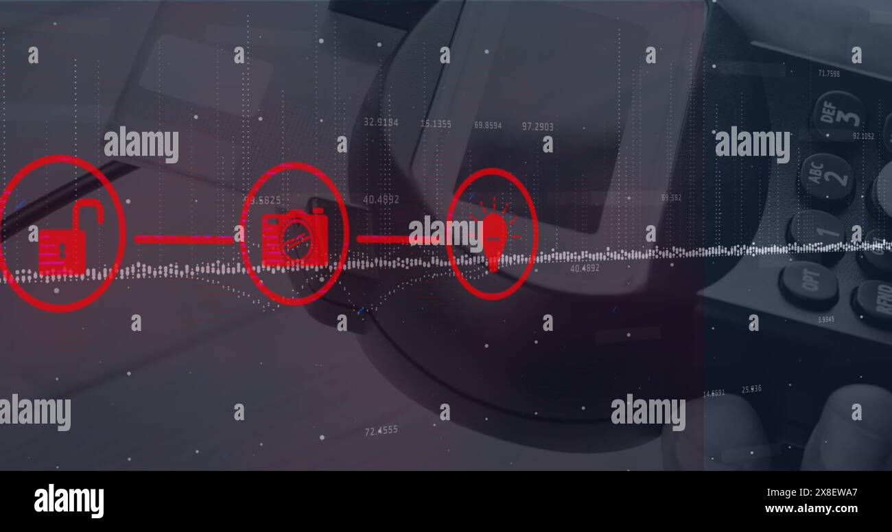 Image of connections with tech icons over diverse financial data and ...