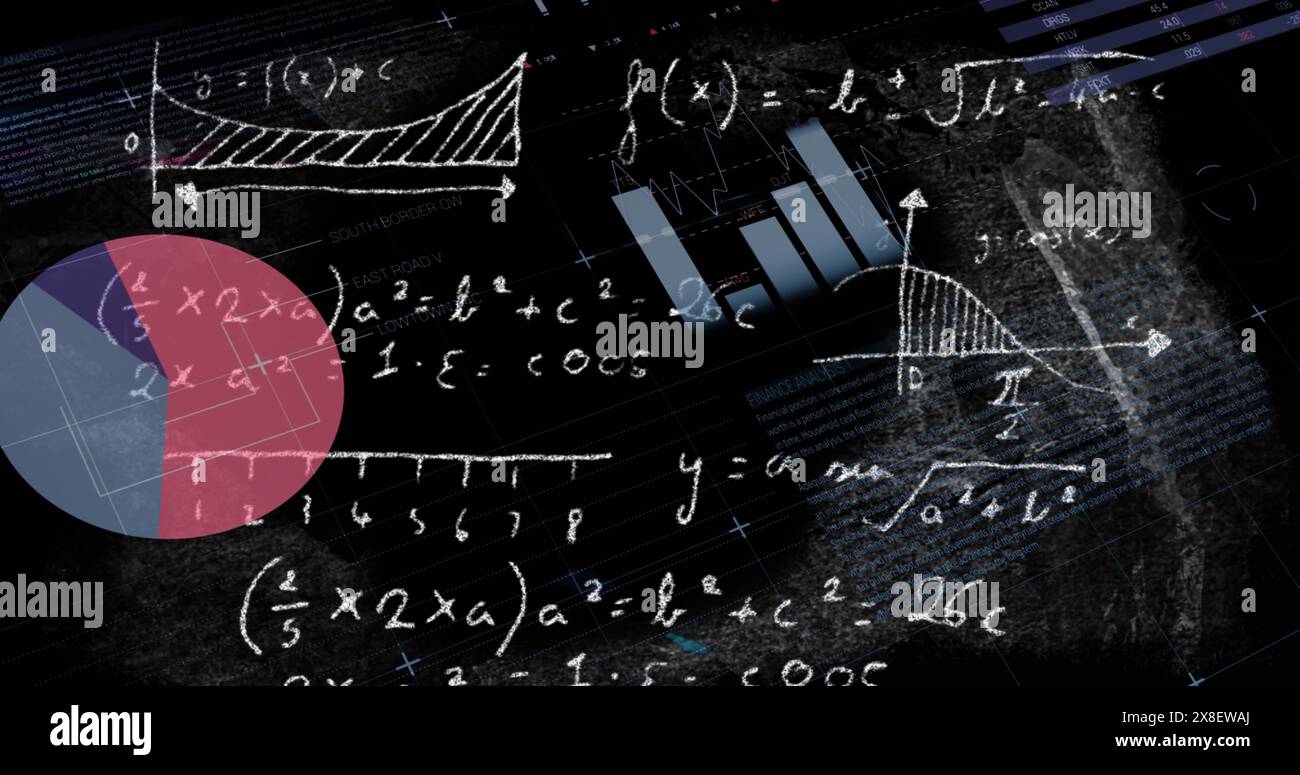 Image of statistical data processing and mathematical equations against black background Stock ...