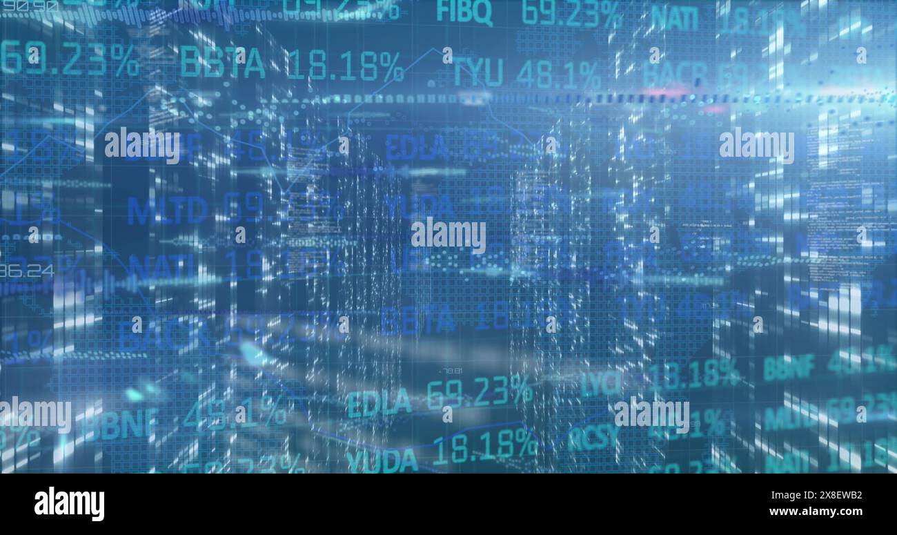 Image of stock market data processing over screens of mosaic squares ...