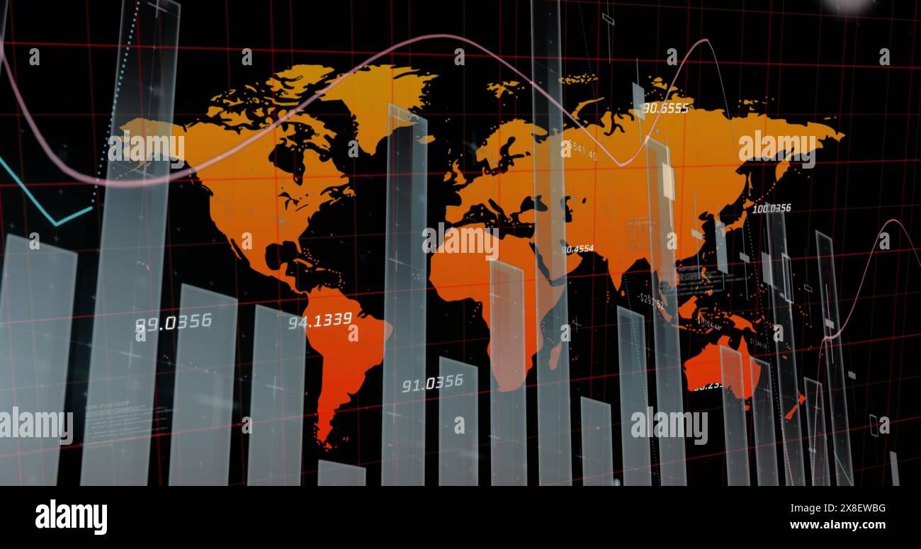 Image of statistical data processing over world map against black background Stock Photo - Alamy