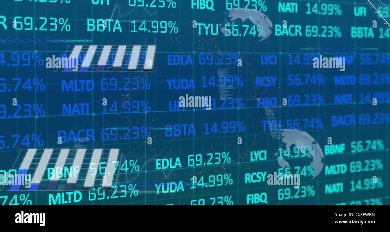 Blue and pale blue stock market data rolling and processing over a grid ...