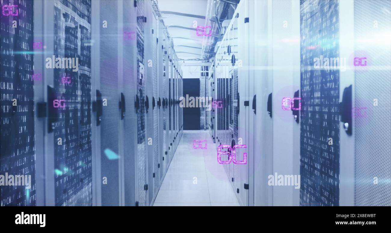 Image of multiple 6g text against mosaic squares over computer server room Stock Photo - Alamy