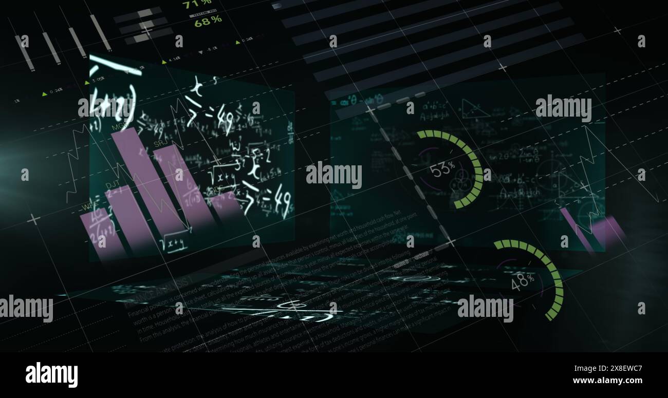 Image of statistical data processing and screens with mathematical ...