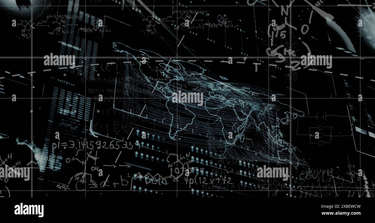 Image of mathematical equations over world map and data processing on ...