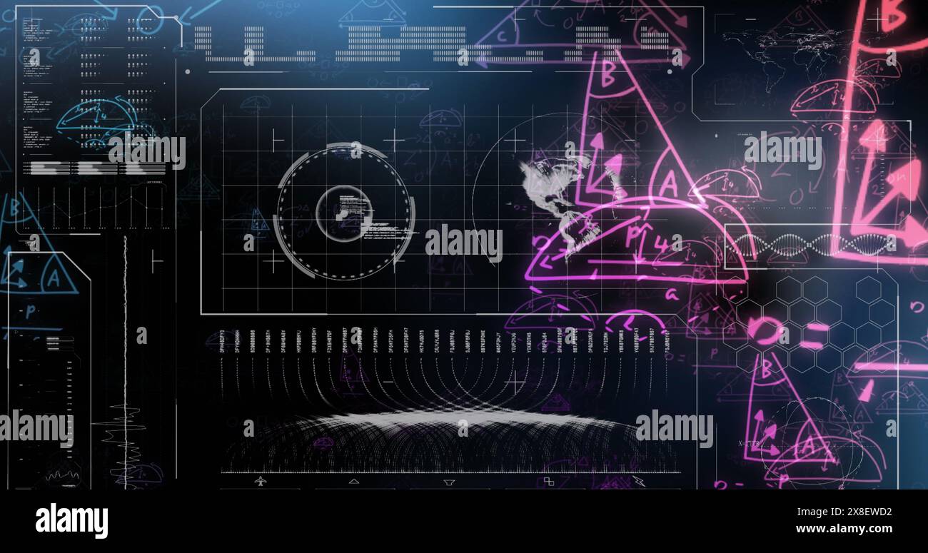 Image of mathematical equations over data processing on black ...