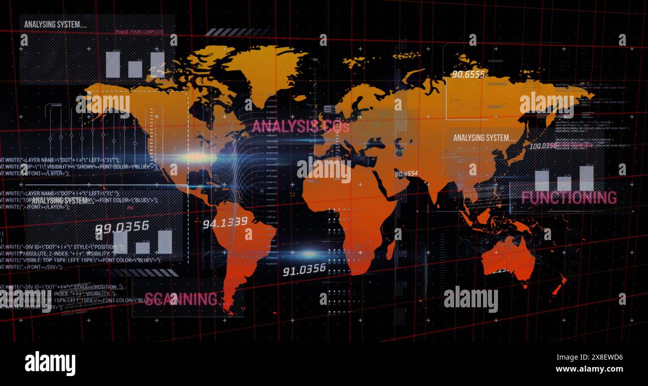 An orange world map on a grid, with data processing occurring in the ...