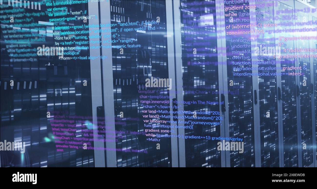 Image of data processing against mosaic squares over computer server room Stock Photo - Alamy