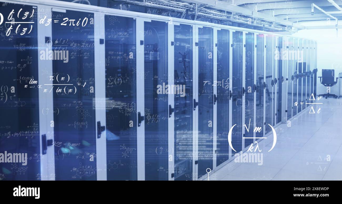 Image of mathematical equations floating against computer server room ...