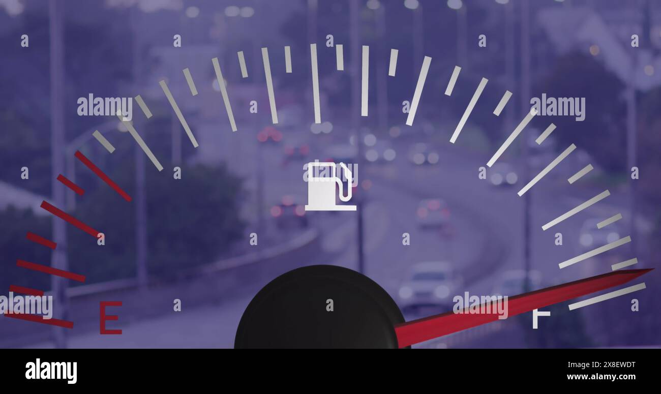 Image of speedometer against aerial view of city traffic Stock Photo ...