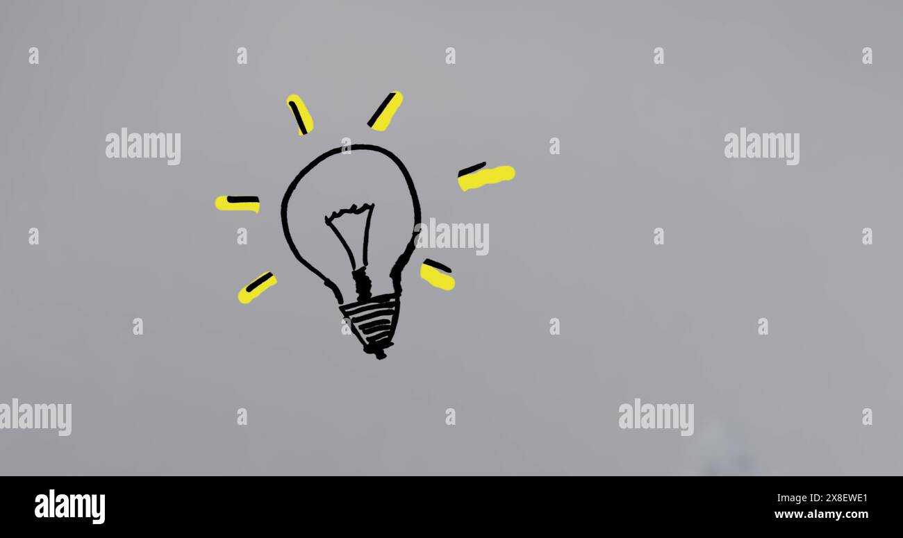 Image of drawing of light bulb with blinking yellow rays over white ...