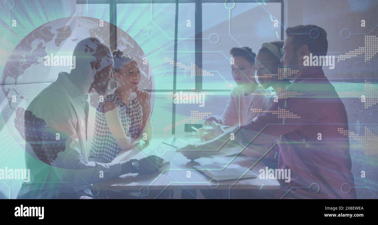 Image of globe and computer circuit board over diverse business people ...