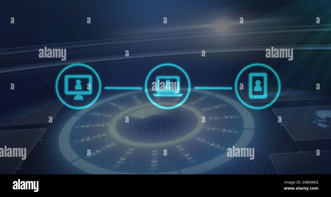 Image of network of connections with icons over scope scanning on black ...