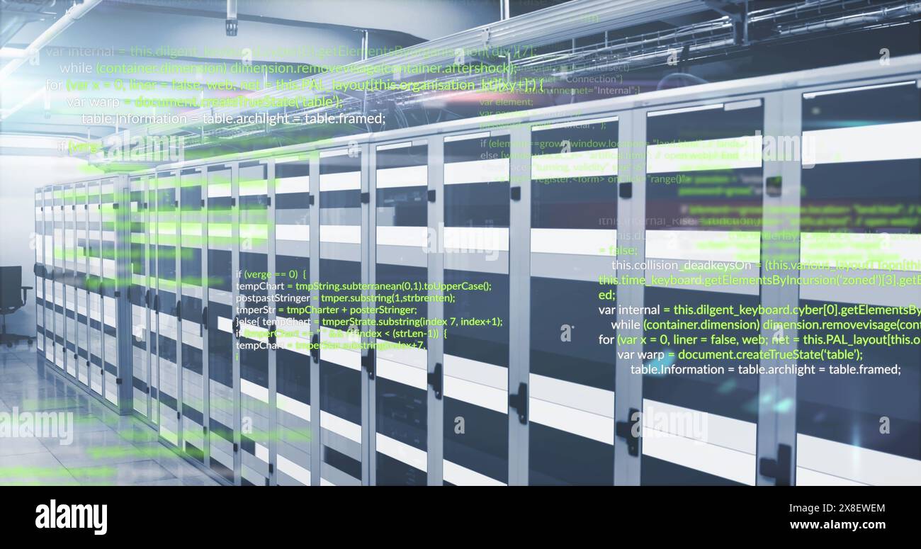 Image of data processing against light trails over computer server room ...